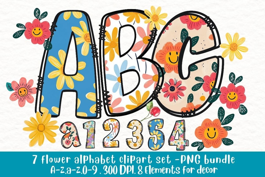Floral Alphabet Clipart Set: Boho Flower Letters, Numbers (PNG, 300 DPI ...