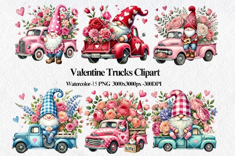 Valentine Day Trucks Clipart Bundle, Love, Watercolor Gnome Clipart PNG ...