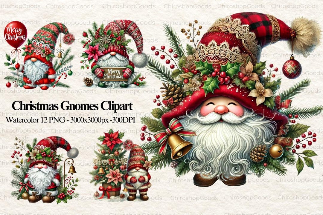 Watercolor Christmas Gnomes Clipart: Holiday PNG Designs (digital ...