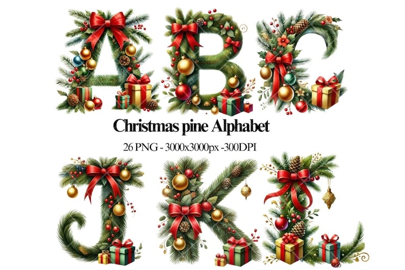 Christmas Pine Alphabet, Holiday Alphabet Clipart, Festive Letter ...
