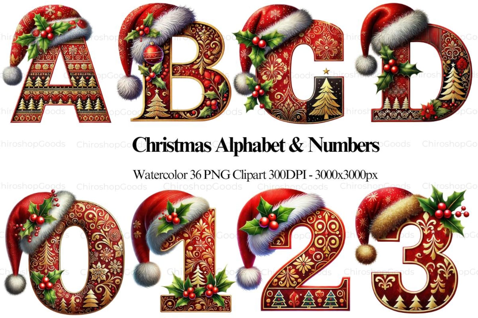 Christmas Alphabet and Number Watercolor, Festive Letters and Numbers ...