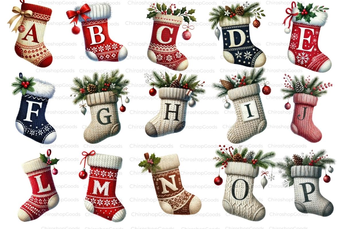 Watercolor Christmas Stocking Alphabet Clipart, Festive PNG (digital ...