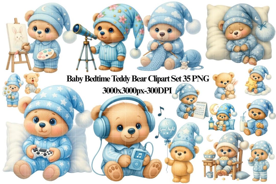 Baby Bedtime Teddy Bear Clipart Set, Sleepy Nursery PNG Pack, Baby Boy ...