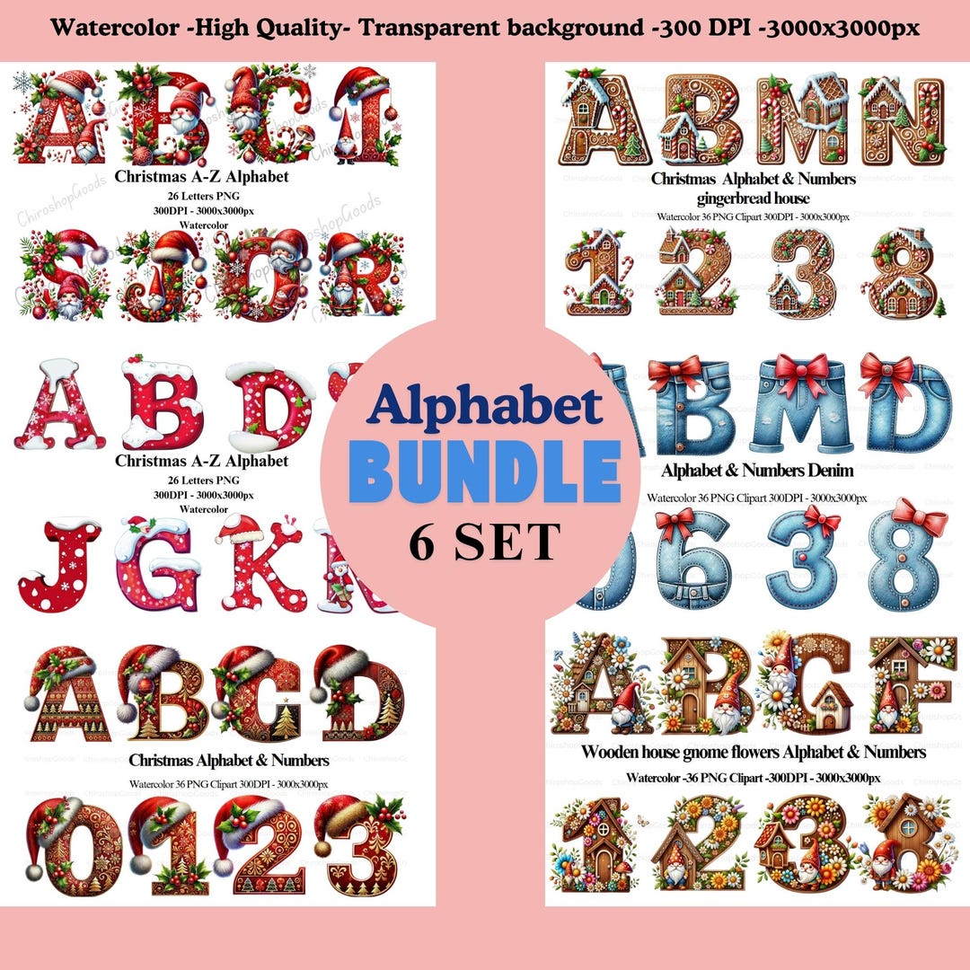 Christmas Alphabet, Alphabet Bundle, Watercolor Alphabet, Bundle, 6 ...
