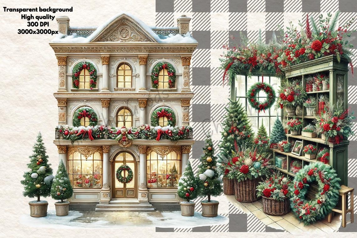 Watercolor Christmas Shop Clipart: Festive Winter Village (digital ...