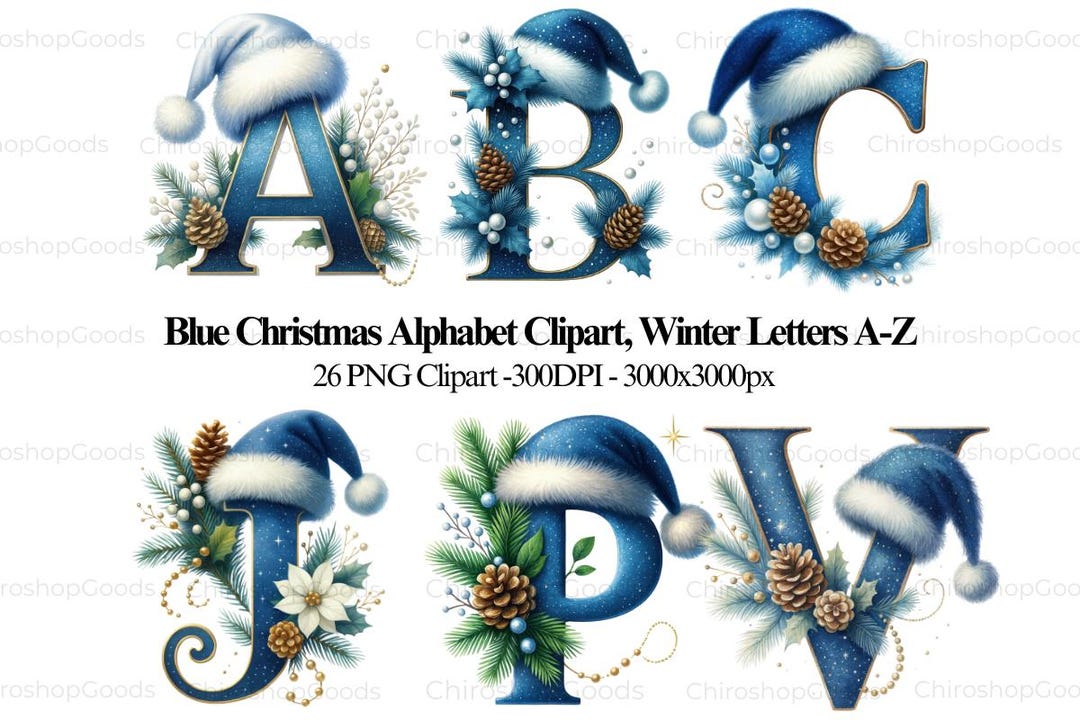 Blue Christmas Alphabet Clipart: Winter Santa Hat Letters (PNG Digital ...