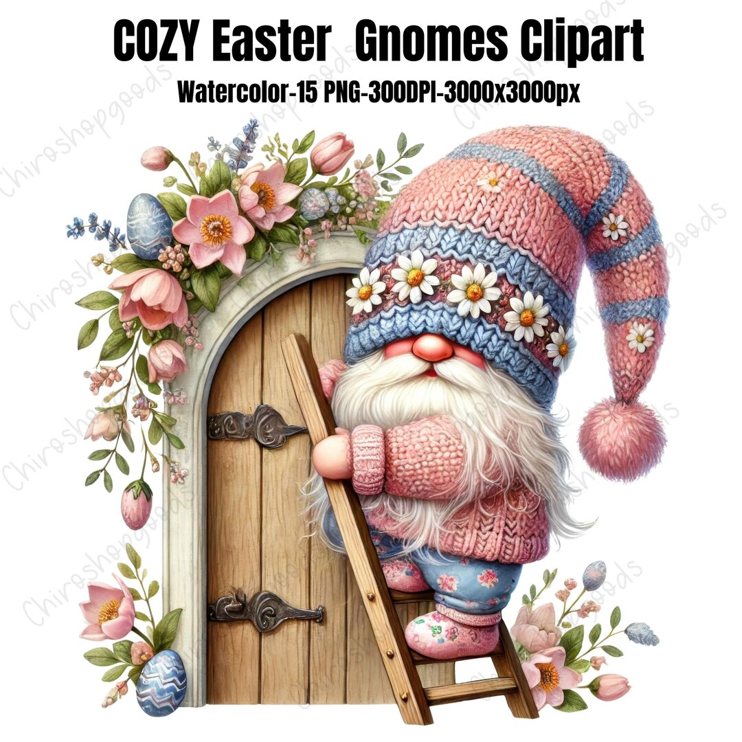 Cozy Easter Gnomes Clipart, Watercolor Spring 15 PNG, Floral Gnome ...