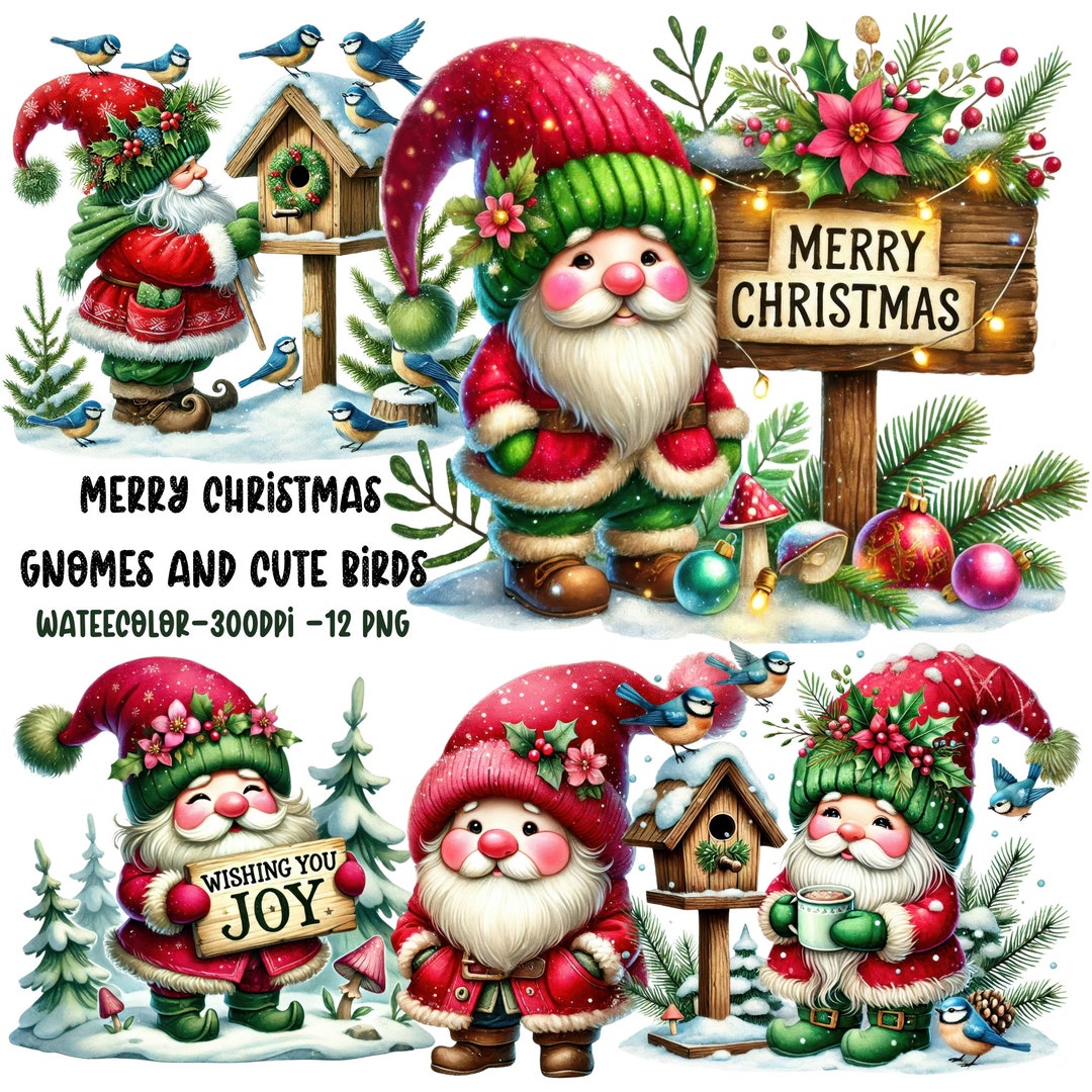 12 Watercolor Clipart, Gnome in Christmas, Christmas Clipart, Birdhouse ...