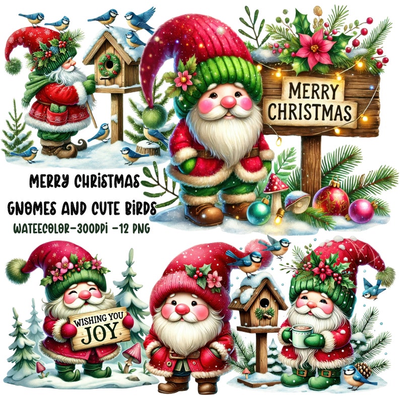12 Watercolor Clipart, Gnome in Christmas, Christmas Clipart, Birdhouse ...