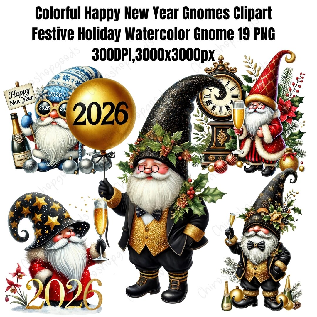 New Year Gnomes Clipart: Festive Watercolor PNG Images (300 DPI) - Etsy