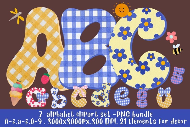 Cute Alphabet Clipart PNG Bundle for Kids Crafts, Floral Gingham ...