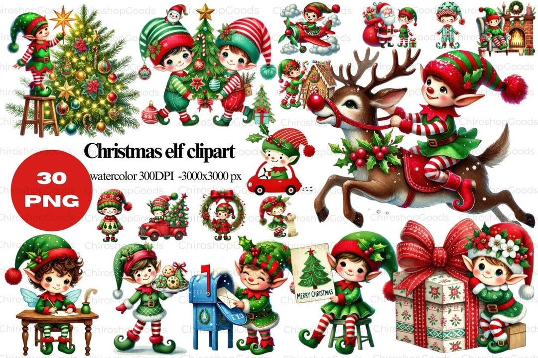 Christmas Elf Clipart, Holiday Elf Illustrations, Watercolor Christmas ...
