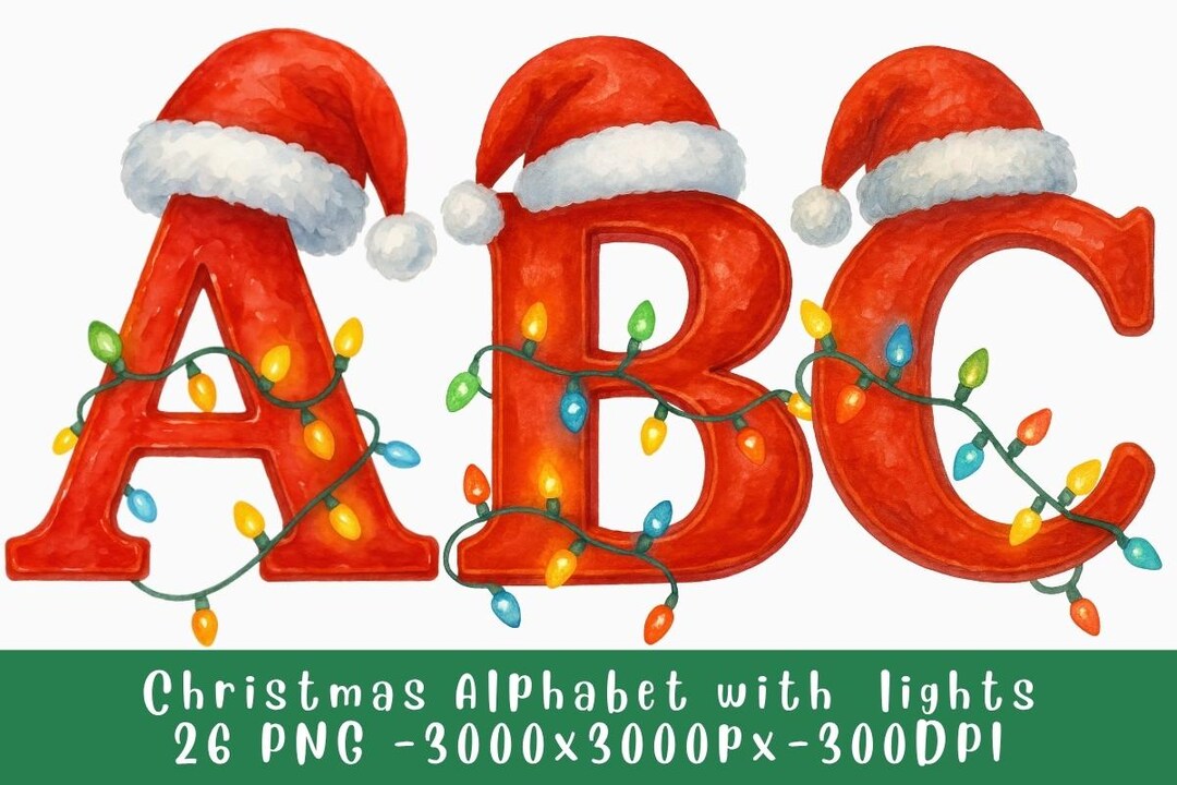 Watercolor Christmas Alphabet Clipart, Santa Hats, Lights (digital ...