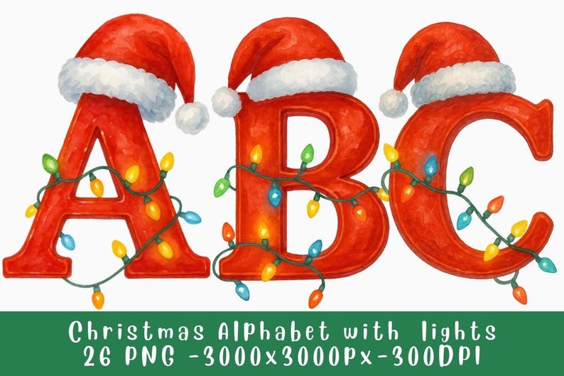 Watercolor Christmas Alphabet Clipart, Santa Hats, Lights (digital ...