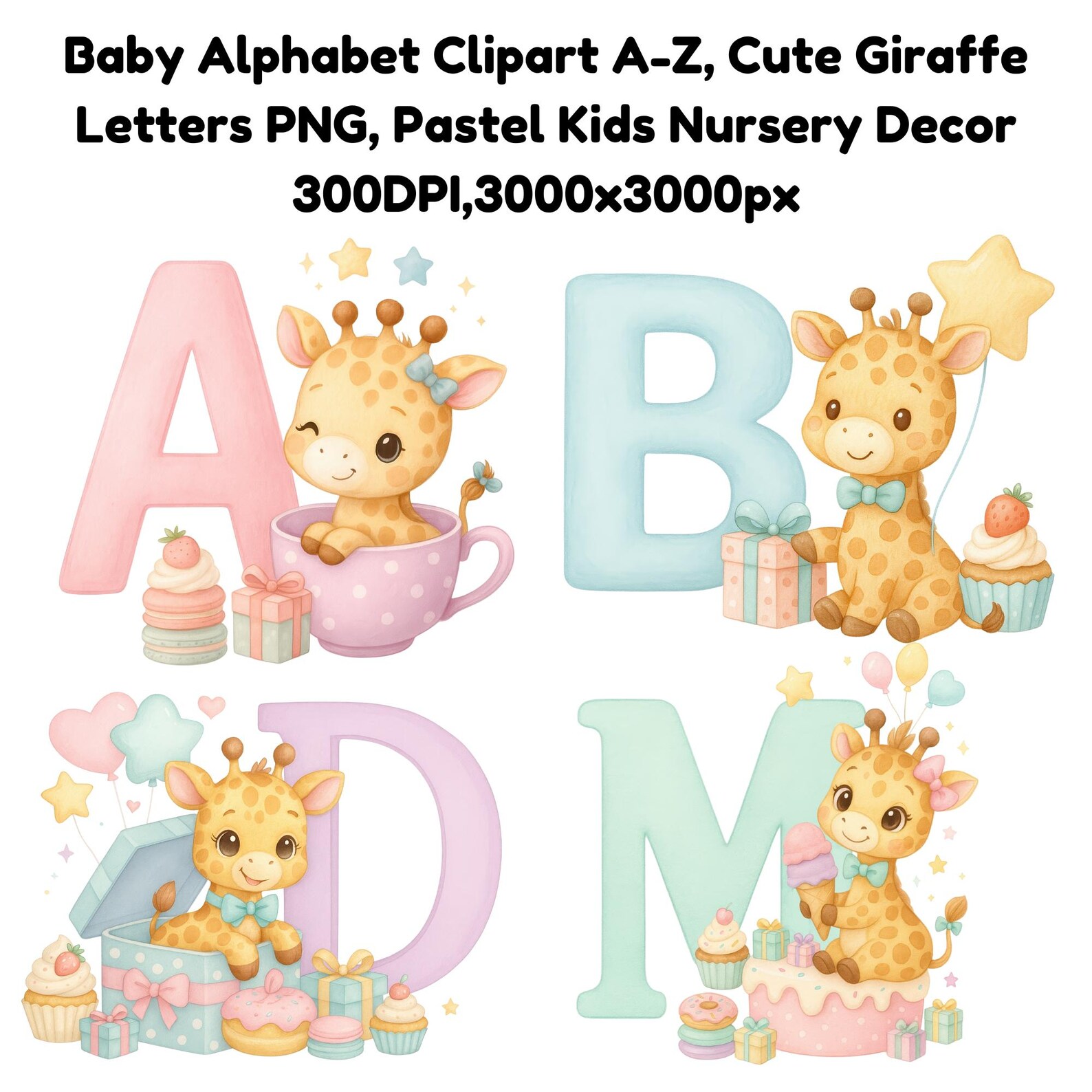 Baby Alphabet Clipart A-Z, Cute Giraffe Letters PNG, Pastel Kids ...