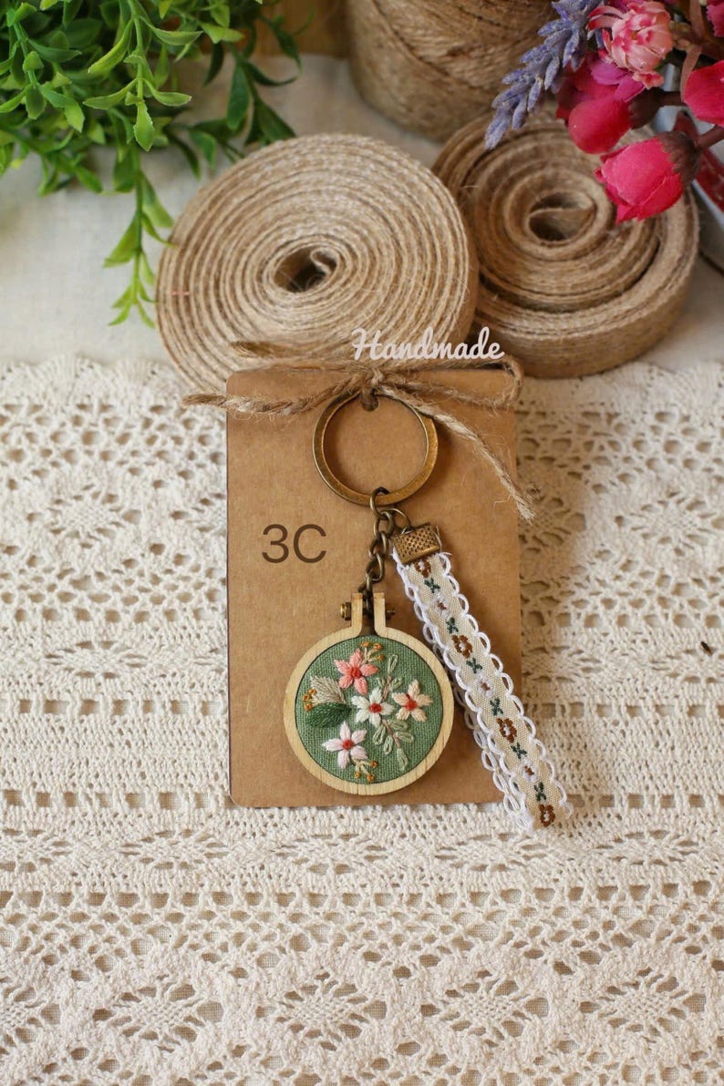 Hand Embroidered Flower Keychain. Vintage Handmade Keychain. Keychain ...