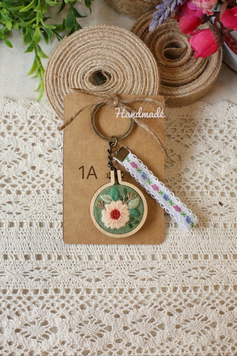 Hand Embroidered Flower Keychain. Vintage Handmade Keychain. Keychain ...