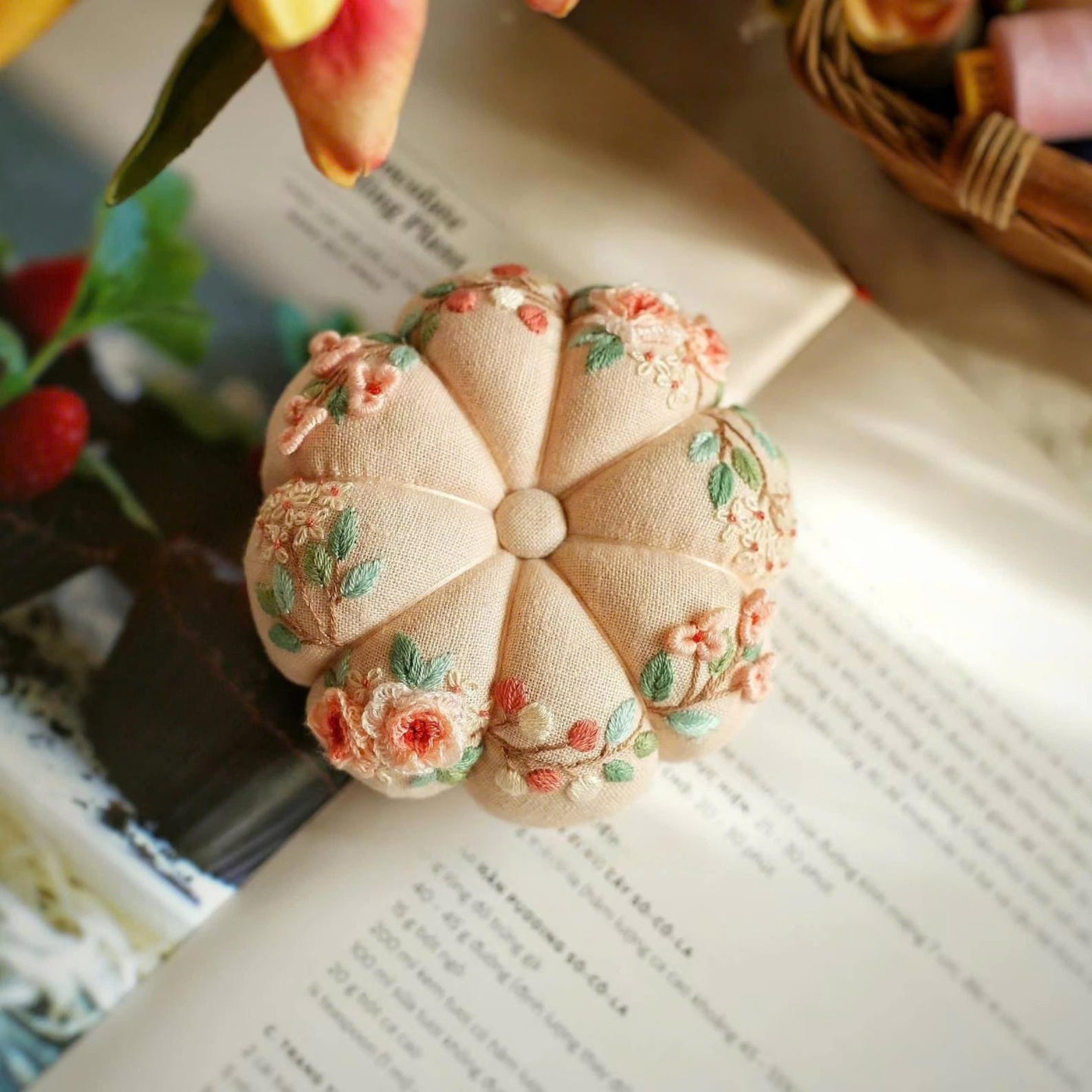 Hand-embroidered Pincushion With Meticulous Flowers. Pumpkin Pincushion ...
