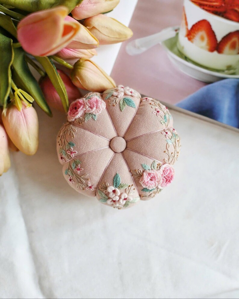 Hand-embroidered Pincushion With Meticulous Flowers. Pumpkin Pincushion ...