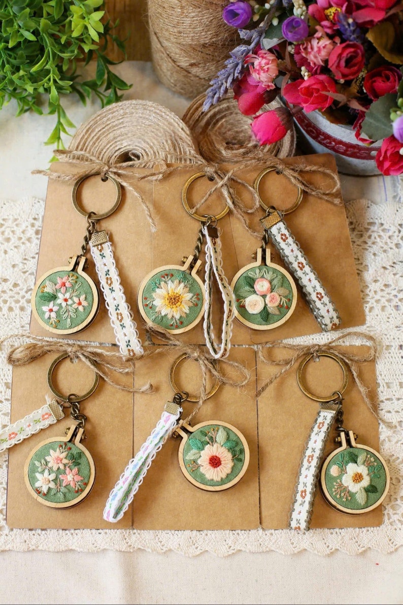 Hand Embroidered Flower Keychain. Vintage Handmade Keychain. Keychain ...