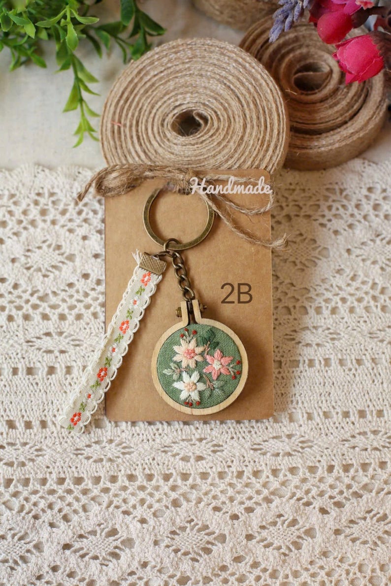 Hand Embroidered Flower Keychain. Vintage Handmade Keychain. Keychain ...