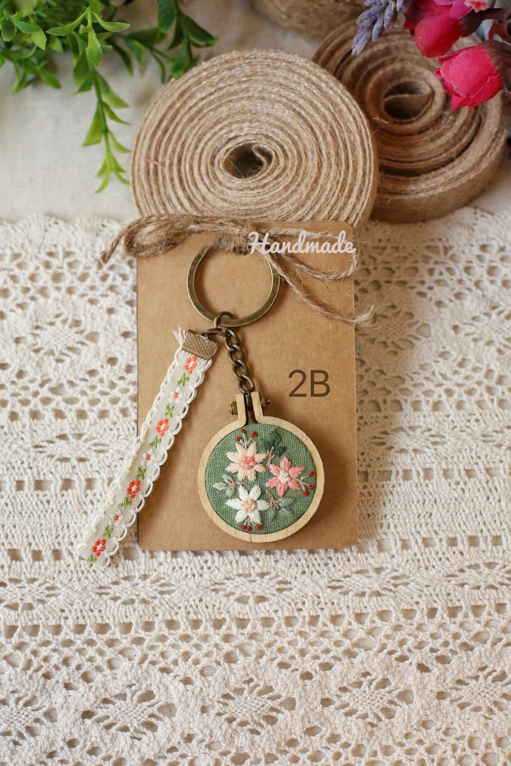 Hand Embroidered Flower Keychain. Vintage Handmade Keychain. Keychain ...
