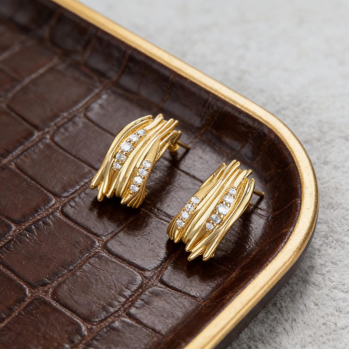 Woven Texture CZ Stud Earrings | Modern Layered Design | Minimalist ...