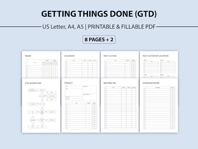 Getting Things Done GTD Printable Insert Bundle, Task Management System ...