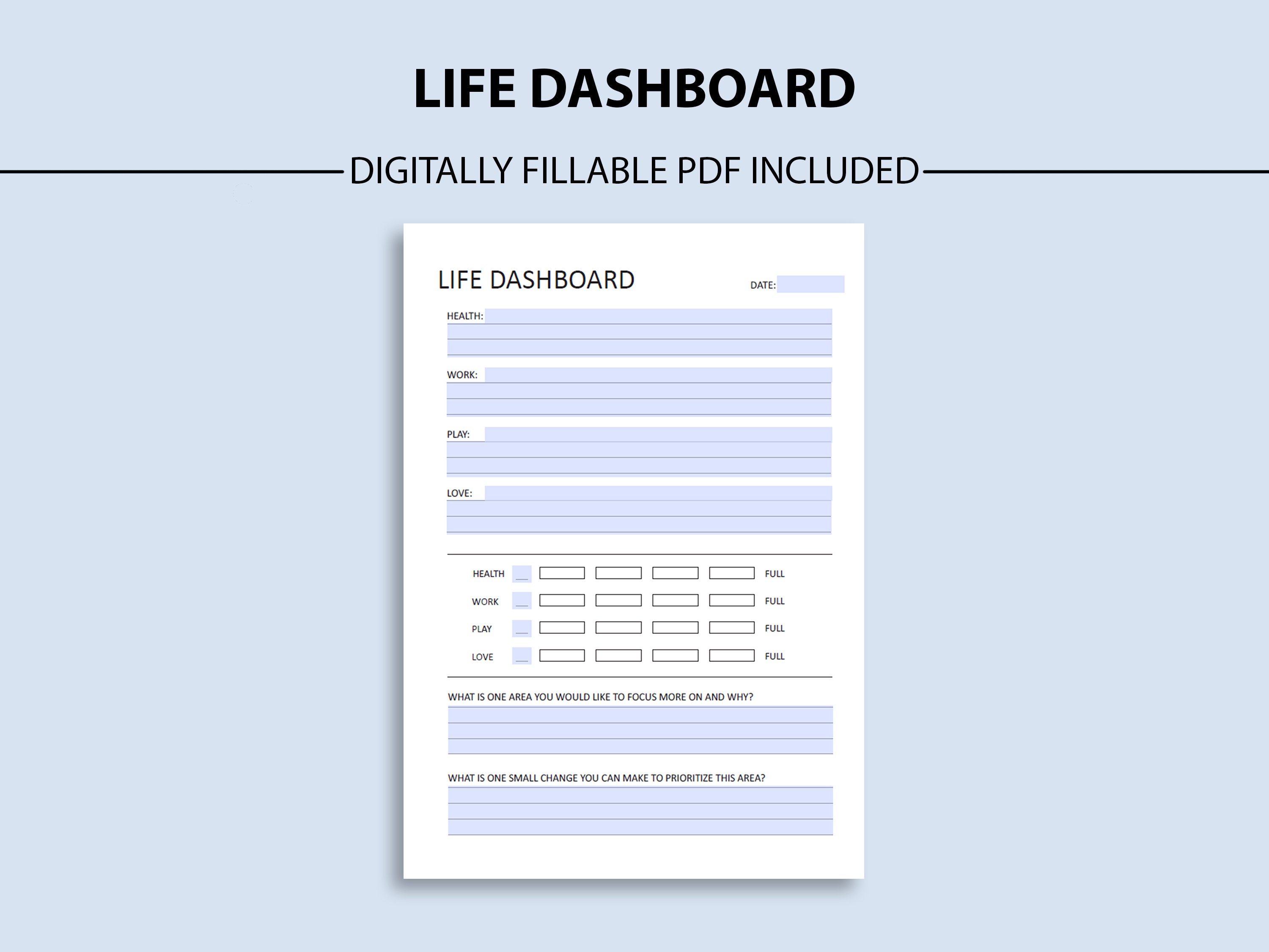 Life Dashboard Printable: Health, Love, Work, Play Assessment (PDF) - Etsy
