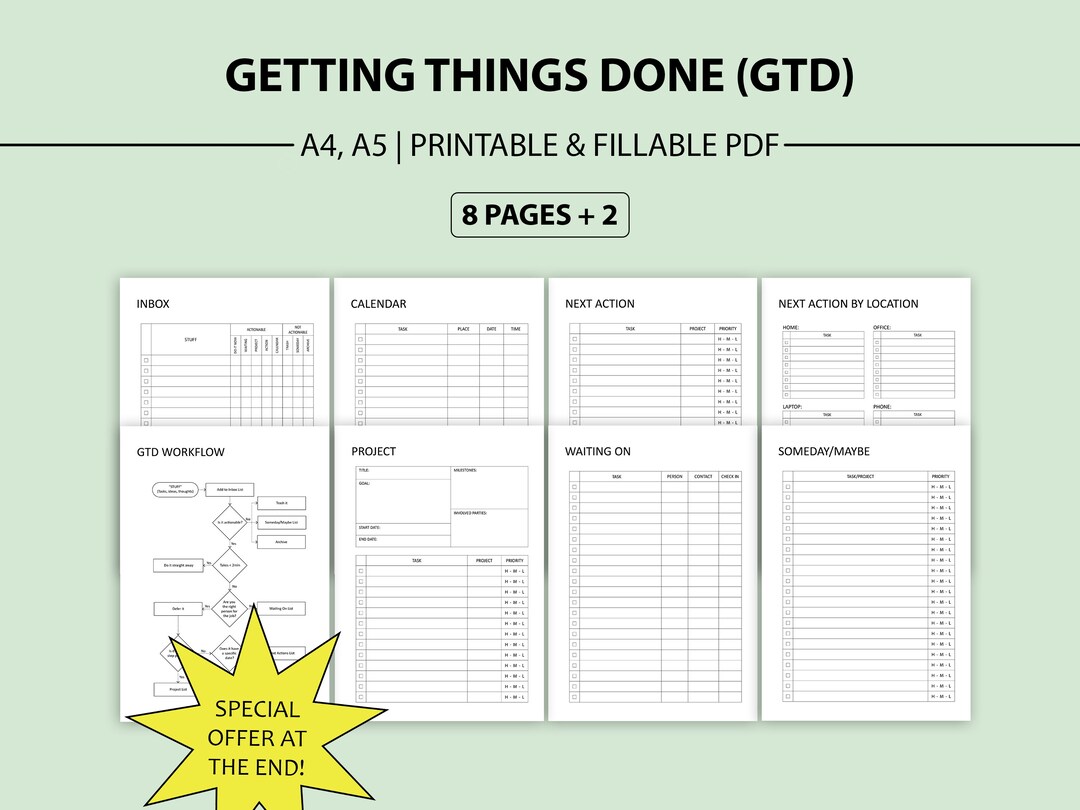 Getting Things Done GTD Printable Insert Bundle, Task Management System ...