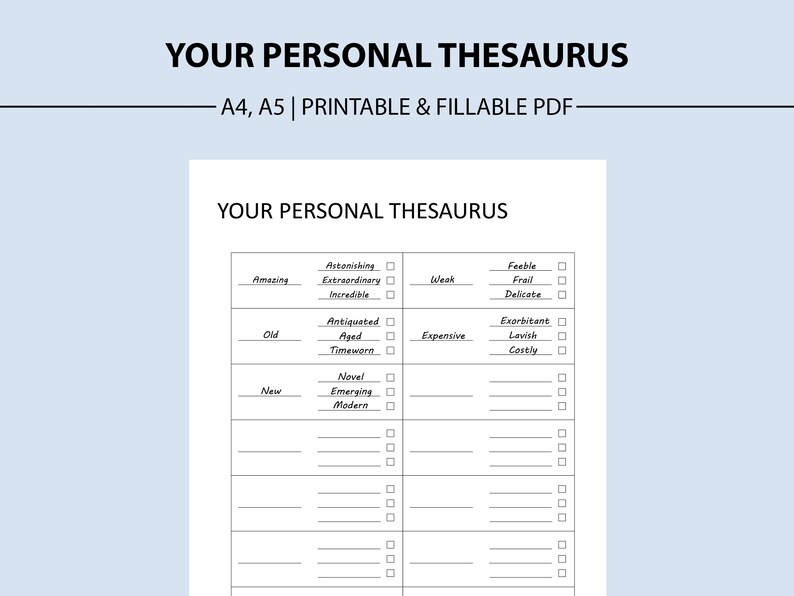 Personal Thesaurus Template: Printable Vocabulary Builder (digital ...