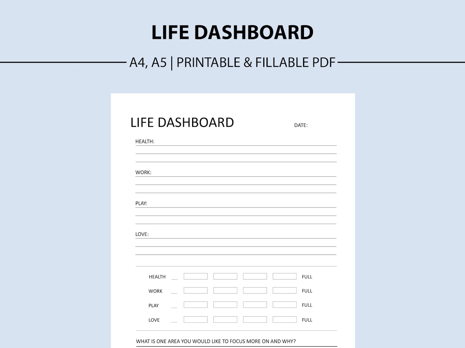 Life Dashboard Printable: Health, Love, Work, Play Assessment (PDF) - Etsy