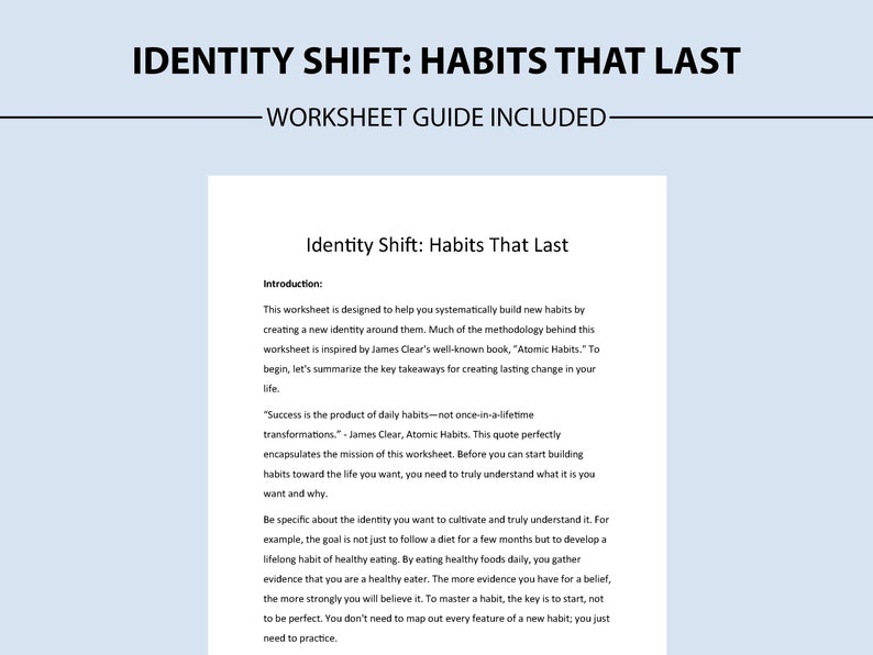 Atomic Inspired Habits Identity Shift Worksheet | Build Lasting Habits ...