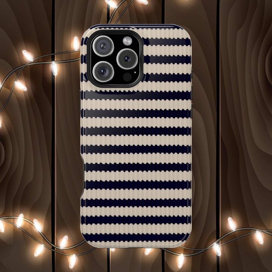 Magsafe Navy/beige Nautical Striped Phone Case, iPhone 16 15 14 13 ...