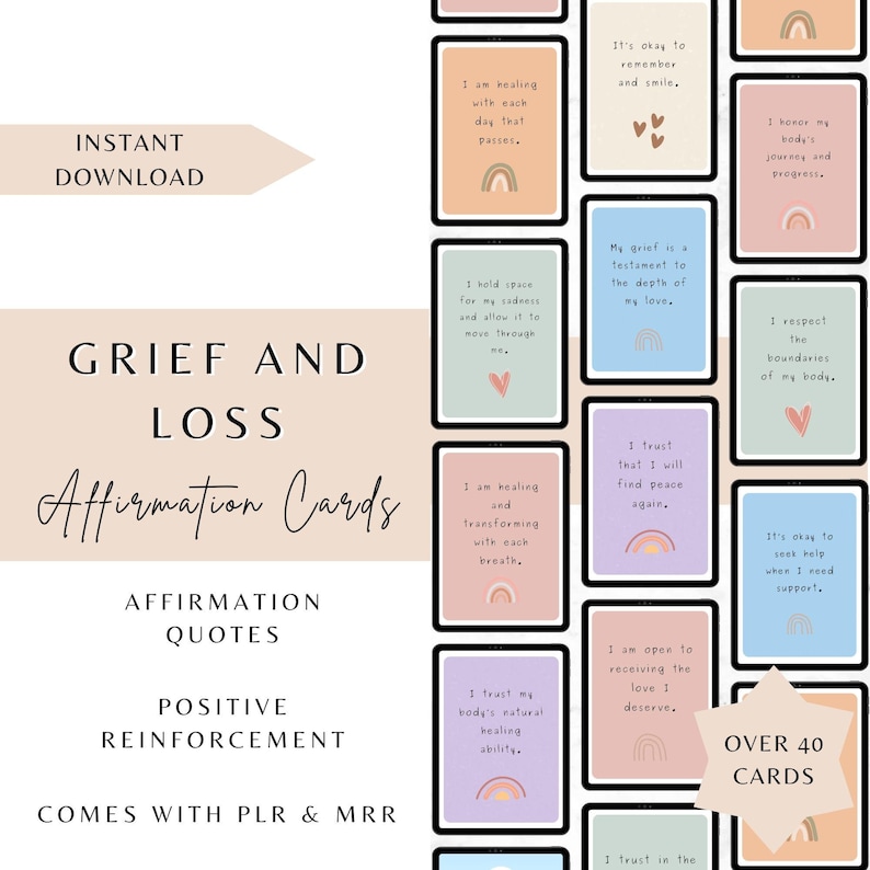 Grief and Loss Affirmation Cards, Therapy PLR Re-sell Rights, Self Love ...