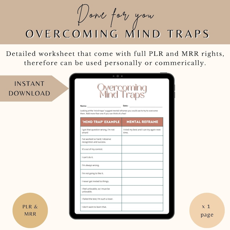 Overcoming Mental Traps Worksheet, Self Love Plr, Self Esteem, Social ...