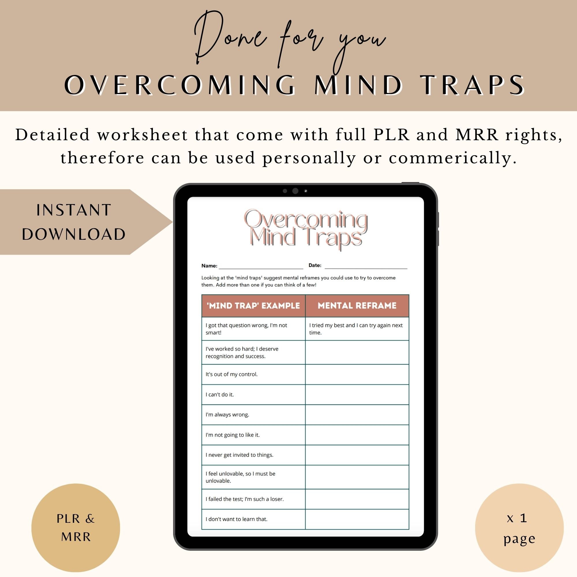 Overcoming Mental Traps Worksheet, Self Love Plr, Self Esteem, Social ...