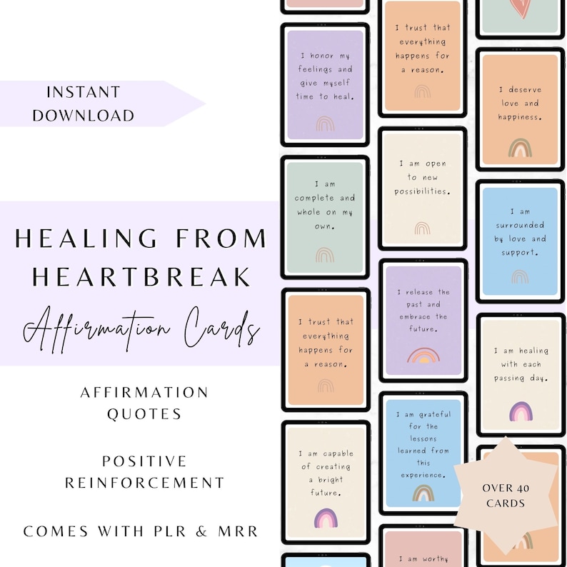 Healing From Heartbreak Affirmation Cards PLR, Self Love, Self Esteem ...