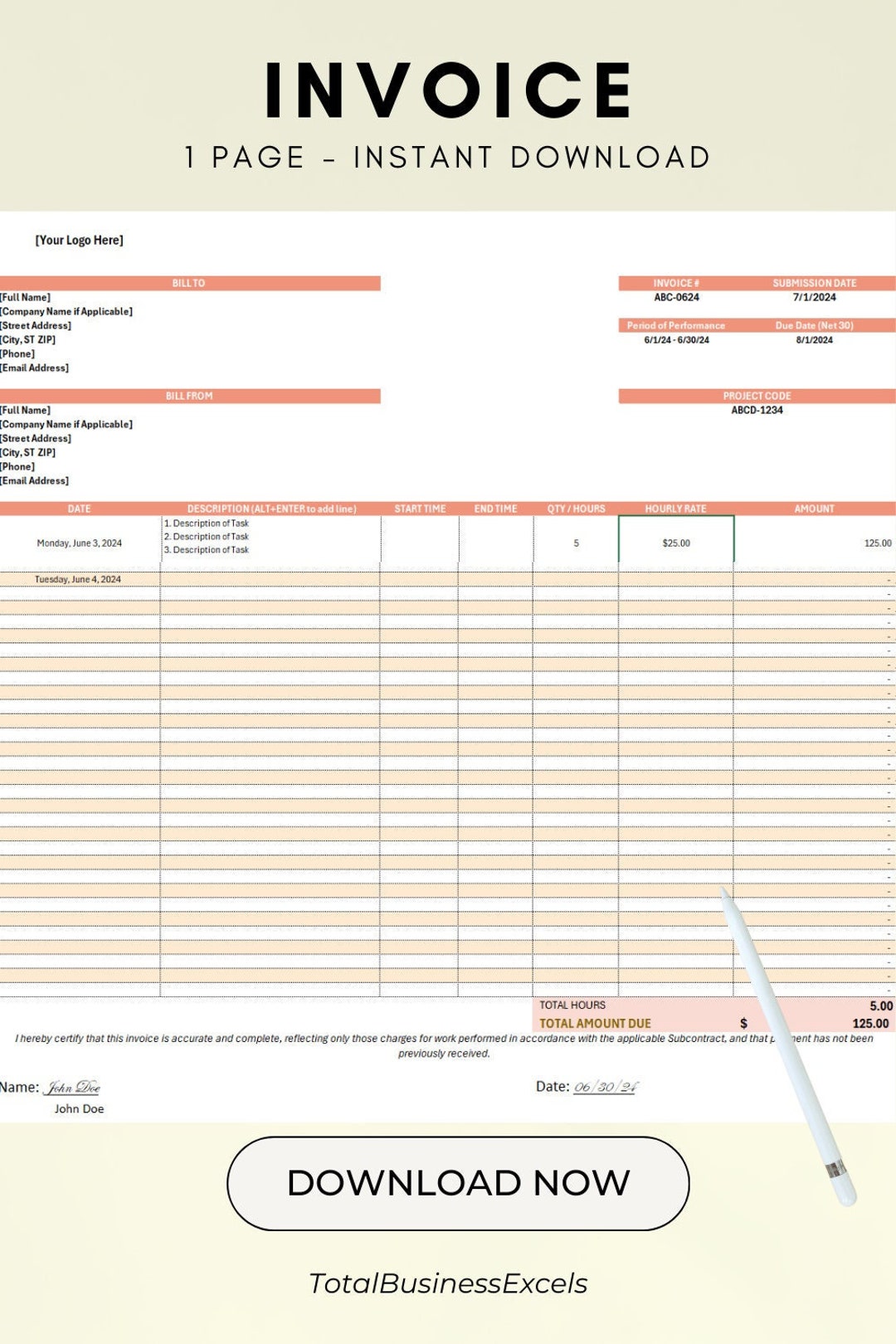 Contract Invoice, Invoice Template, Editable Small Business Invoice ...