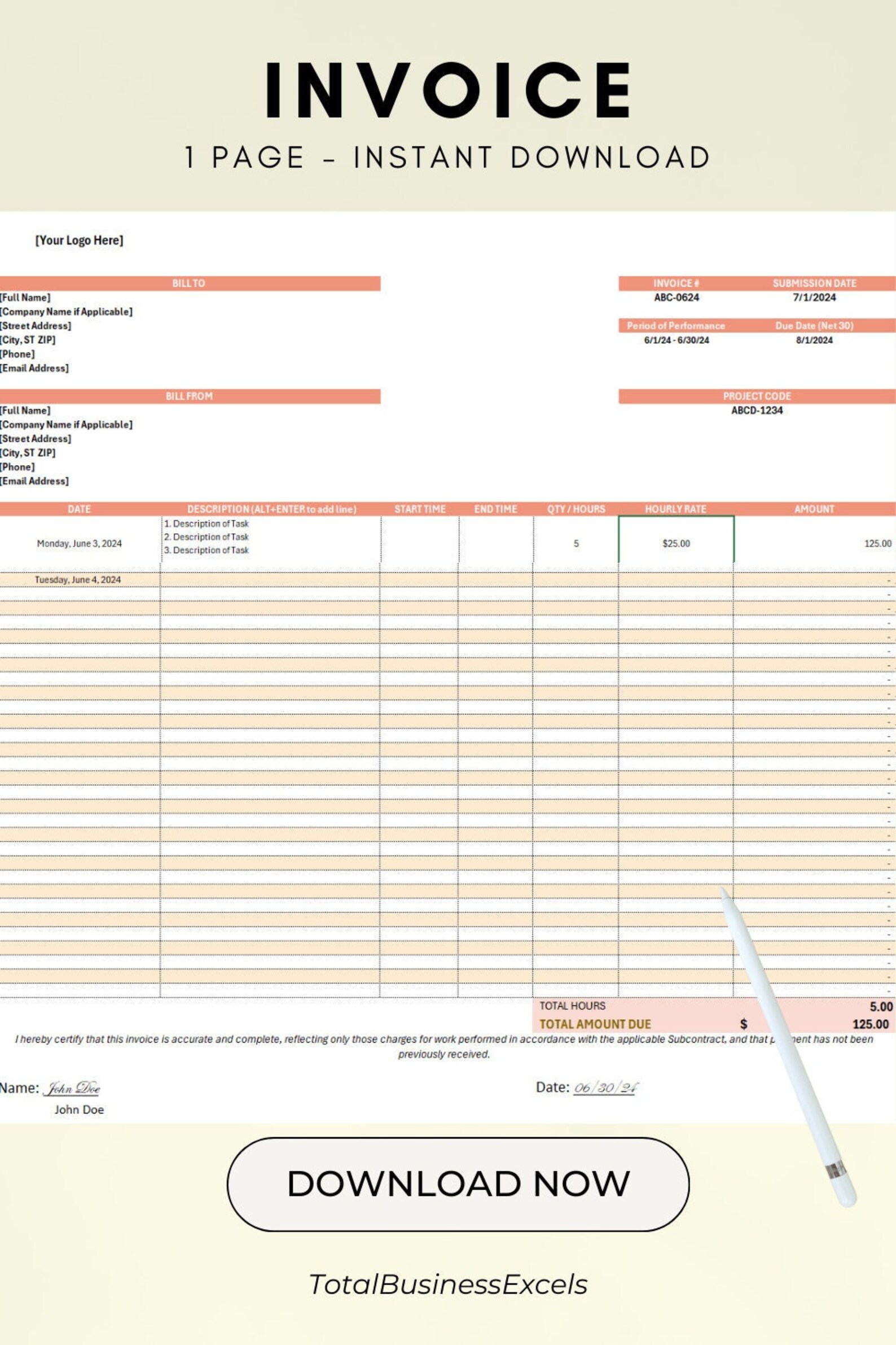Contract Invoice, Invoice Template, Editable Small Business Invoice ...