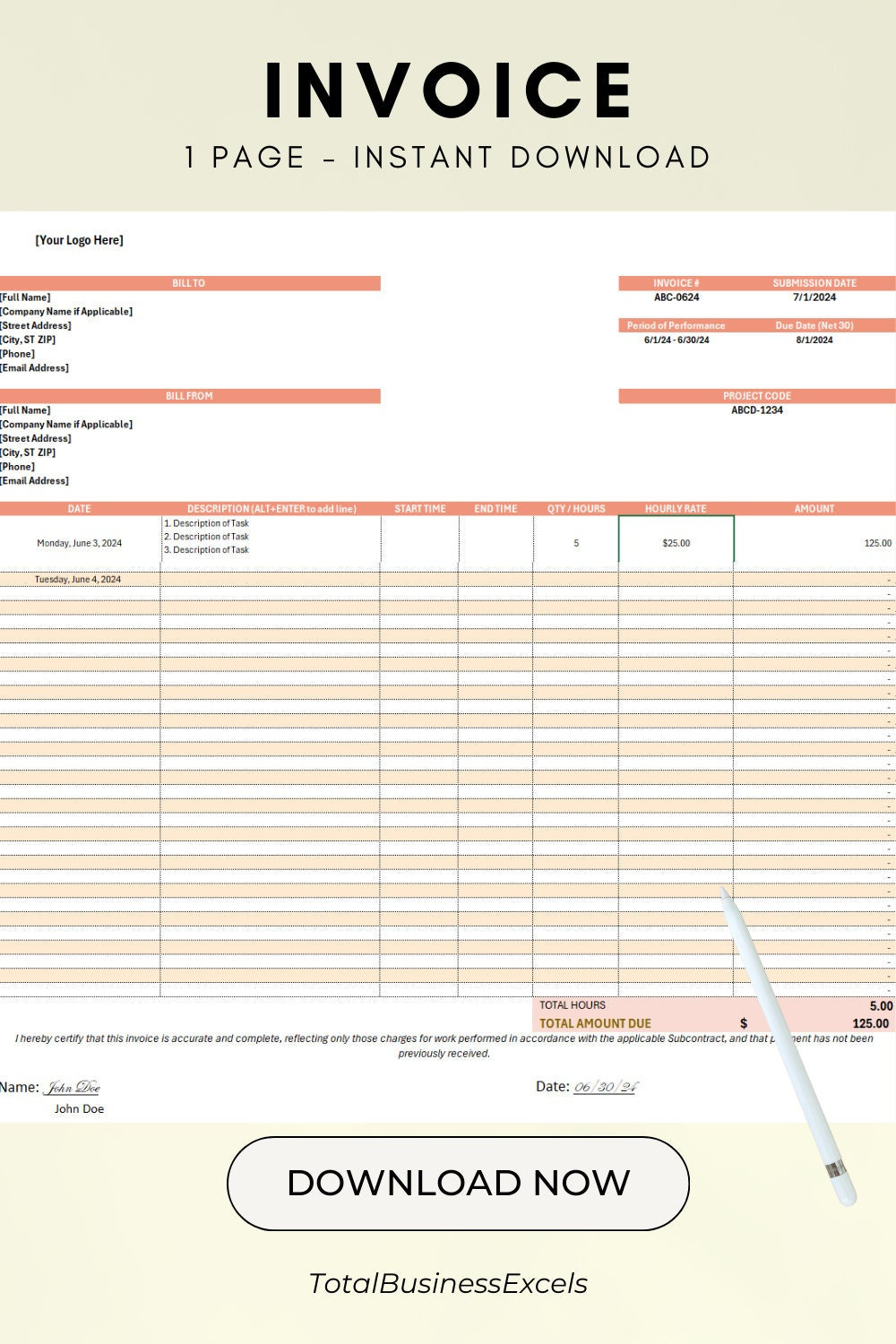 Contract Invoice, Invoice Template, Editable Small Business Invoice ...