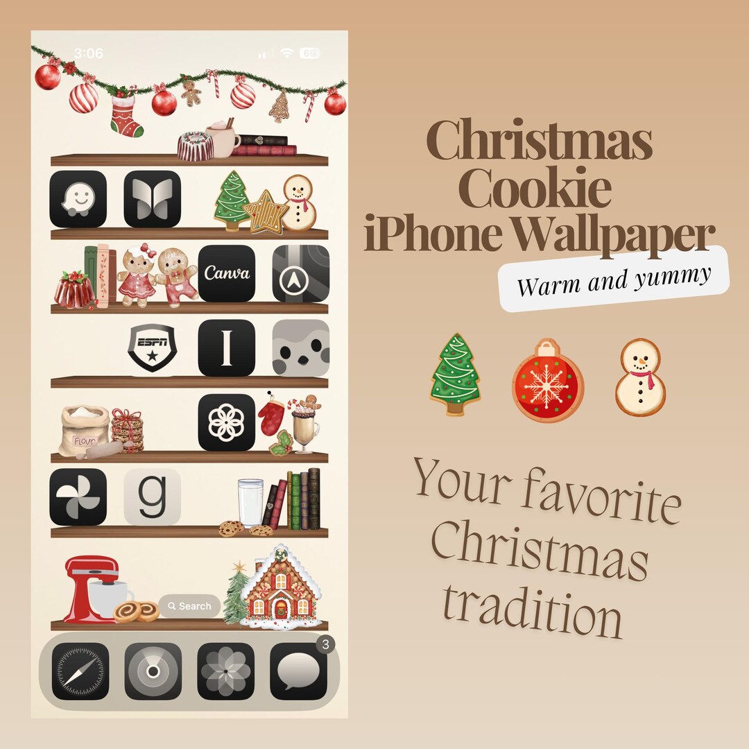 Christmas Cookie Bookshelf Wallpaper for iPhone Ios 18 *digital ...