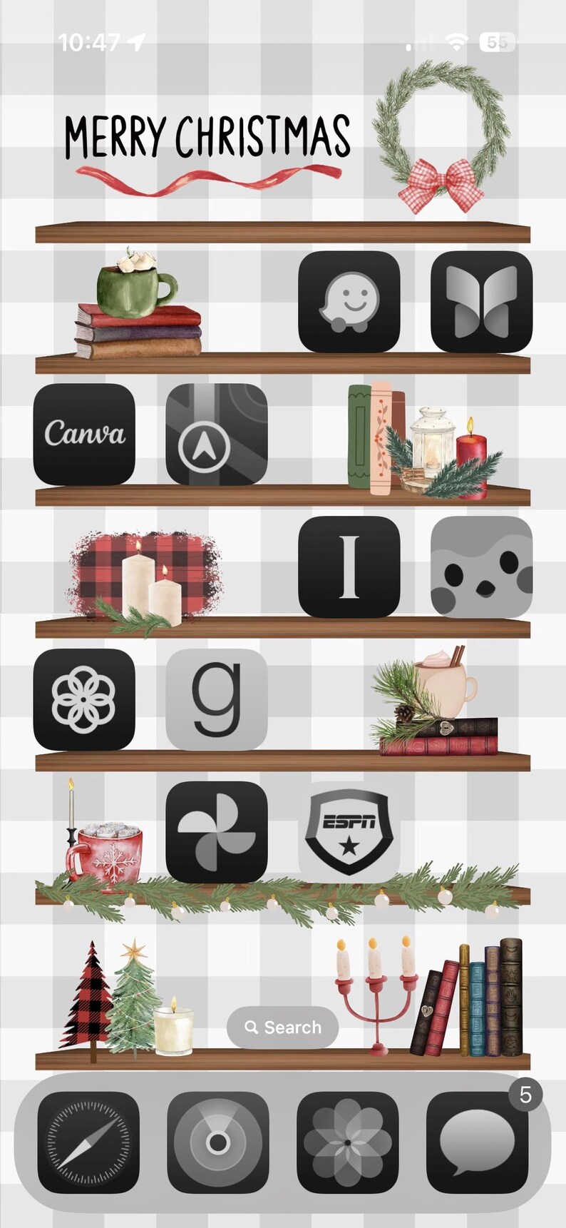 Christmas Check Bookshelf Wallpaper for iPhone Ios 18 *digital Download ...