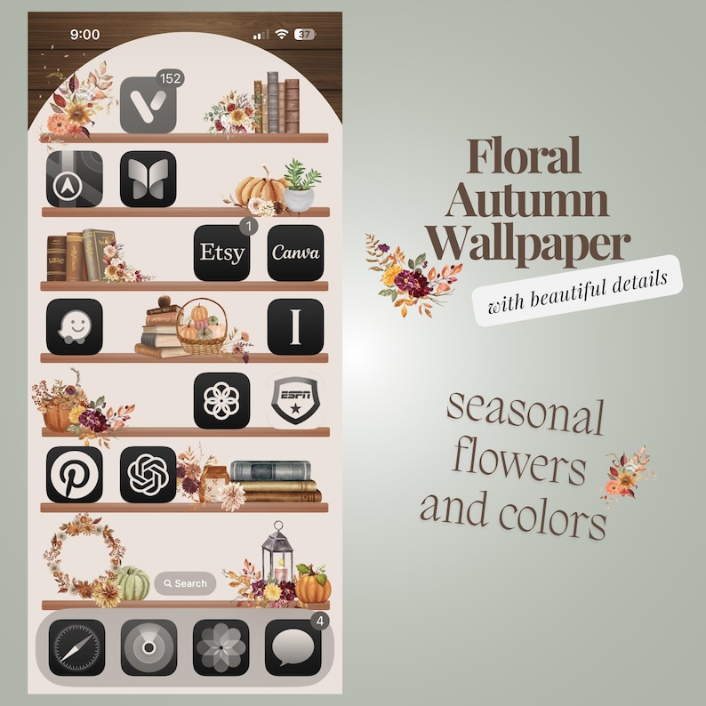 Floral Autumn Bookshelf Wallpaper for iPhone Ios 18 *digital Download ...