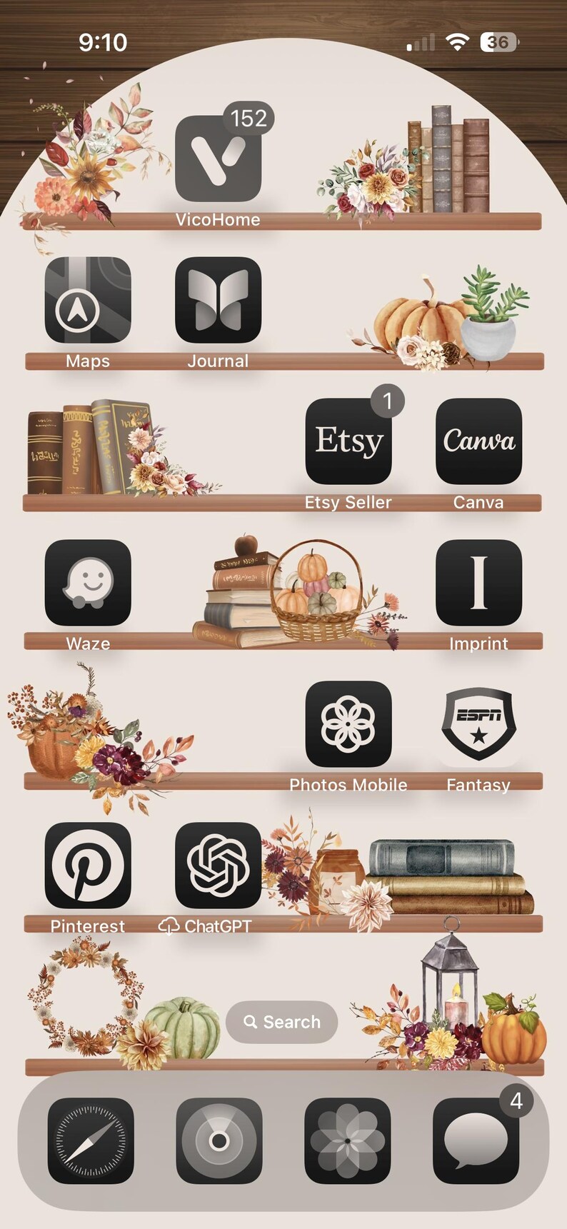 Floral Autumn Bookshelf Wallpaper for iPhone Ios 18 *digital Download ...