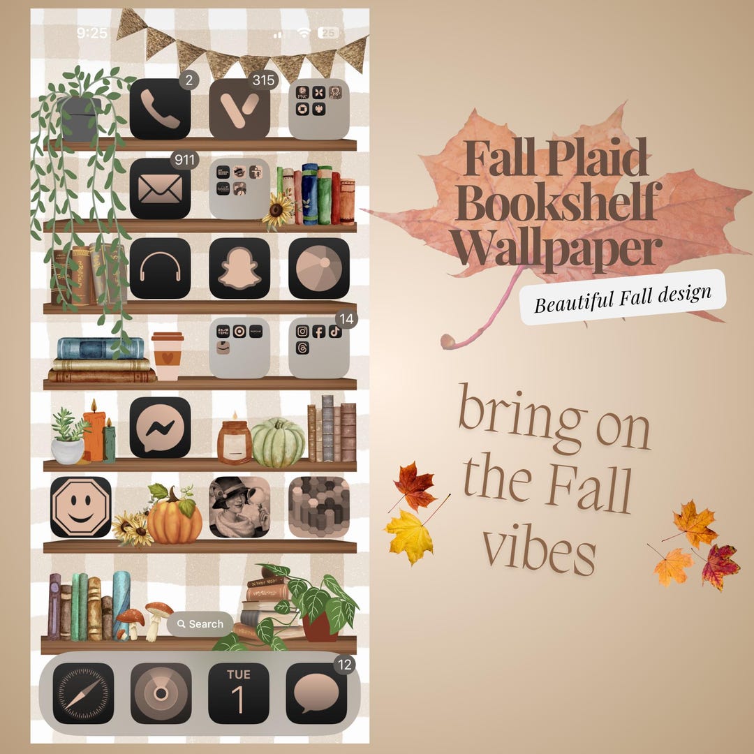 Fall Bookshelf Wallpaper for iPhone Ios 18 *digital Download* - Etsy