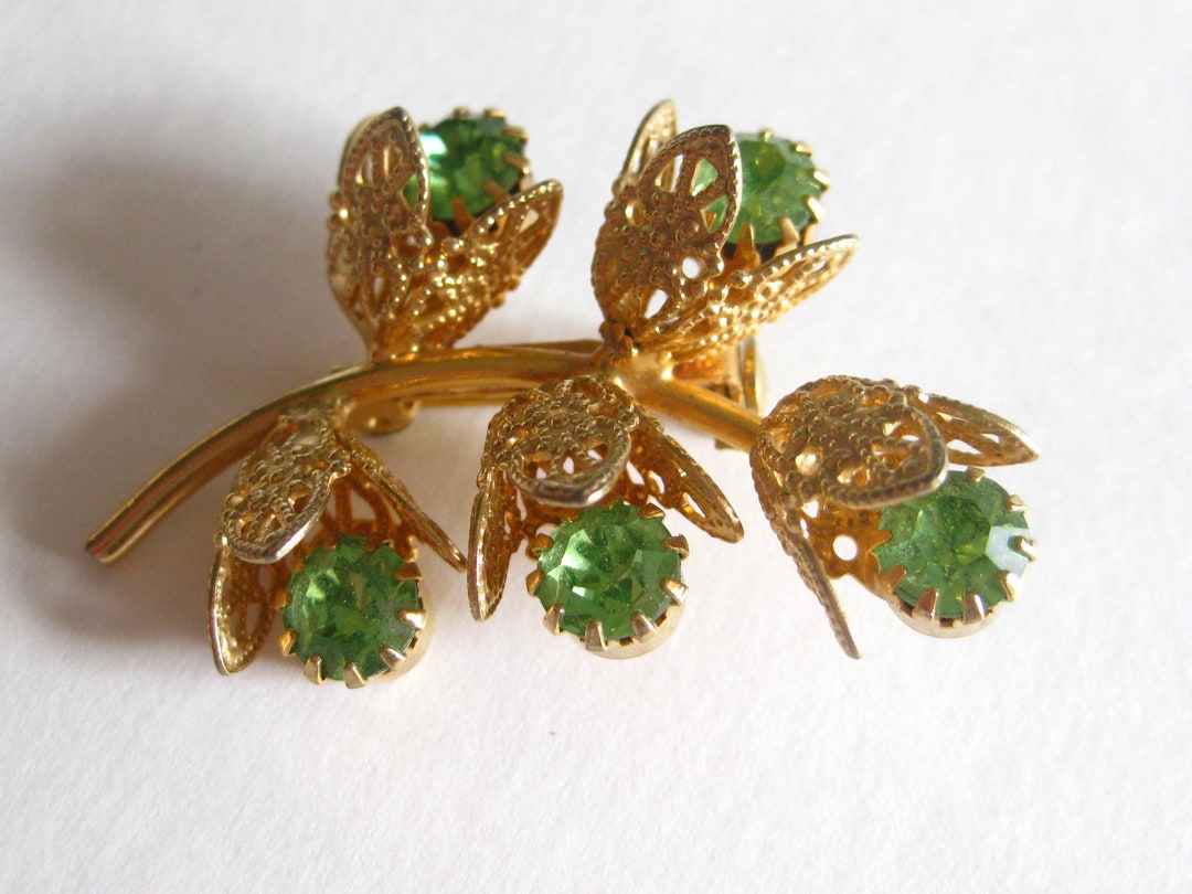 Brooch Light Green Tulip Branch Rhinestones Filigree Vintage - Etsy