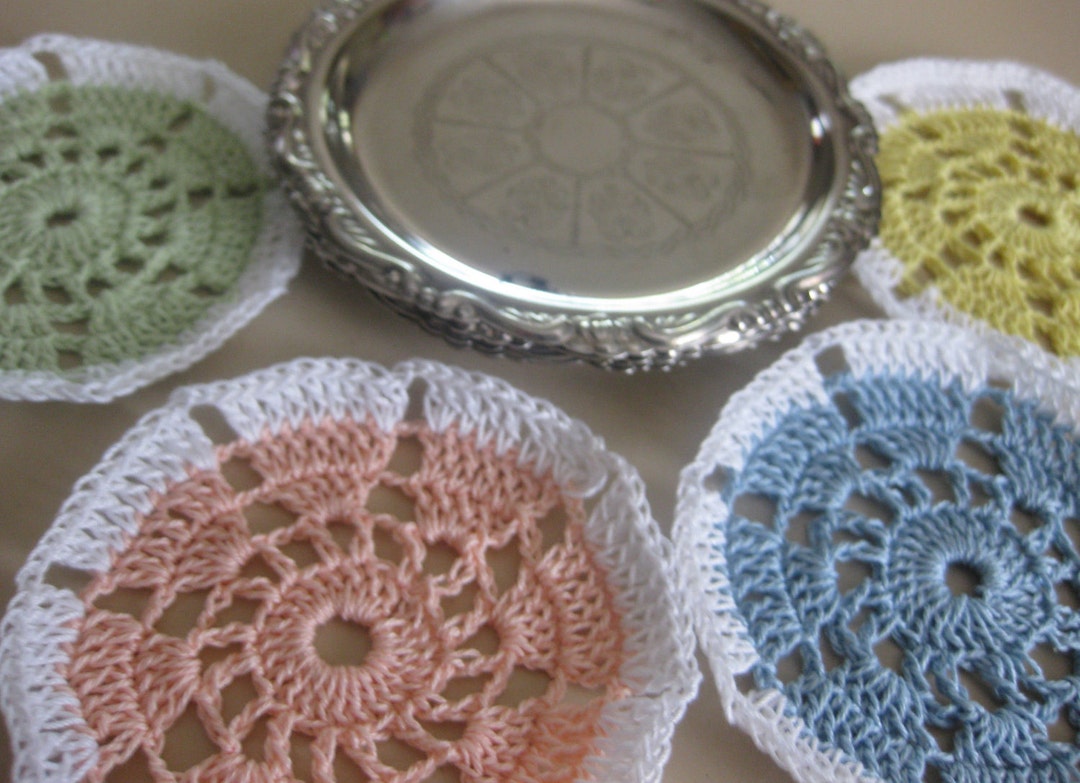 Silver Italy and Lace Coasters 4 New Crocheted Pastel Pink Yellow Green ...