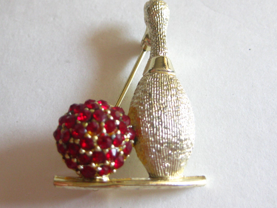 Bowling Pin Brooch Red Garnet Rhinestone Ball Signed Vintage - Etsy