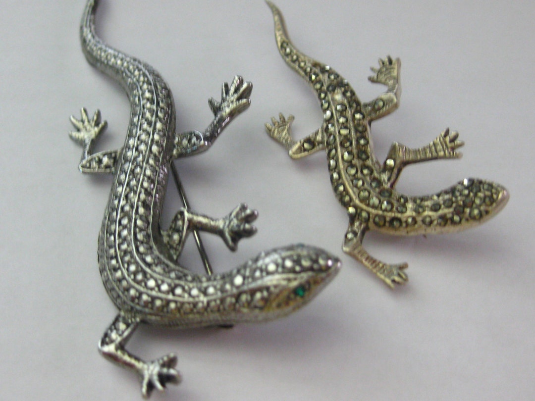 Lizard Gecko Brooch Lot (2) Silver Sterling 925 Green Eyes Marcasite ...